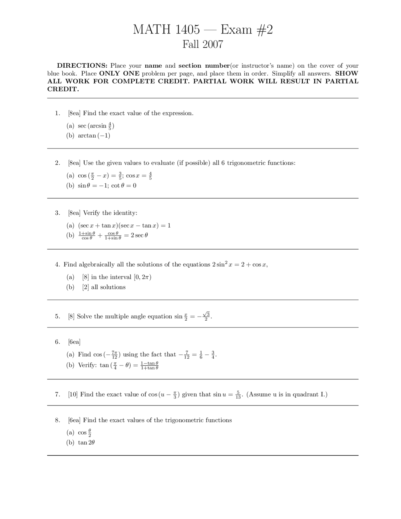 Exam 2 Questions Trigonometry Fall 2007 Math 1405 Docsity