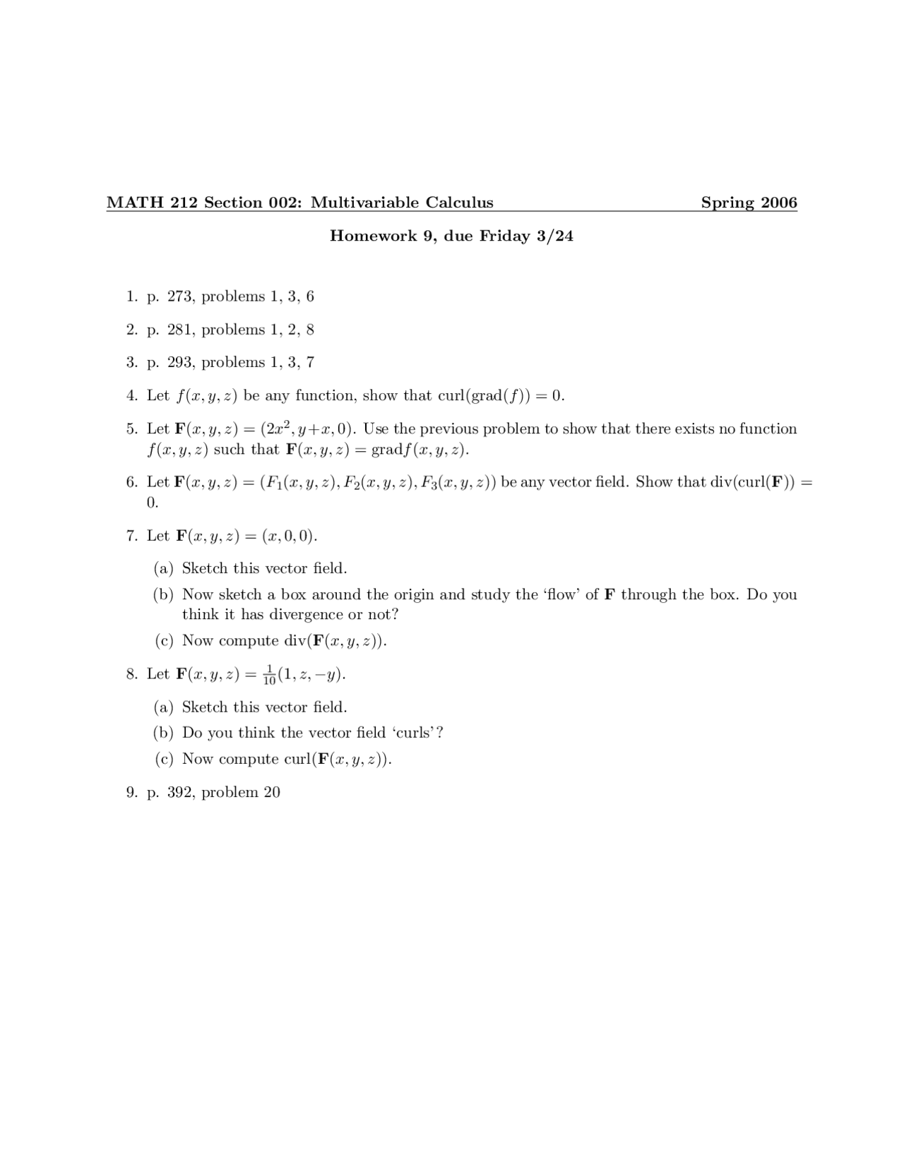 Multivariable Calculus Homework 9 Questions Math 212 Docsity