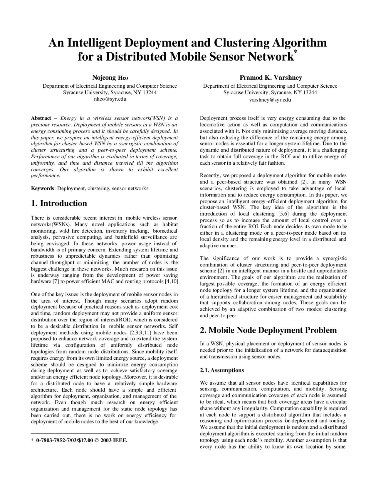 An Intelligent Deployment And Clustering Algorithm For A Distributed