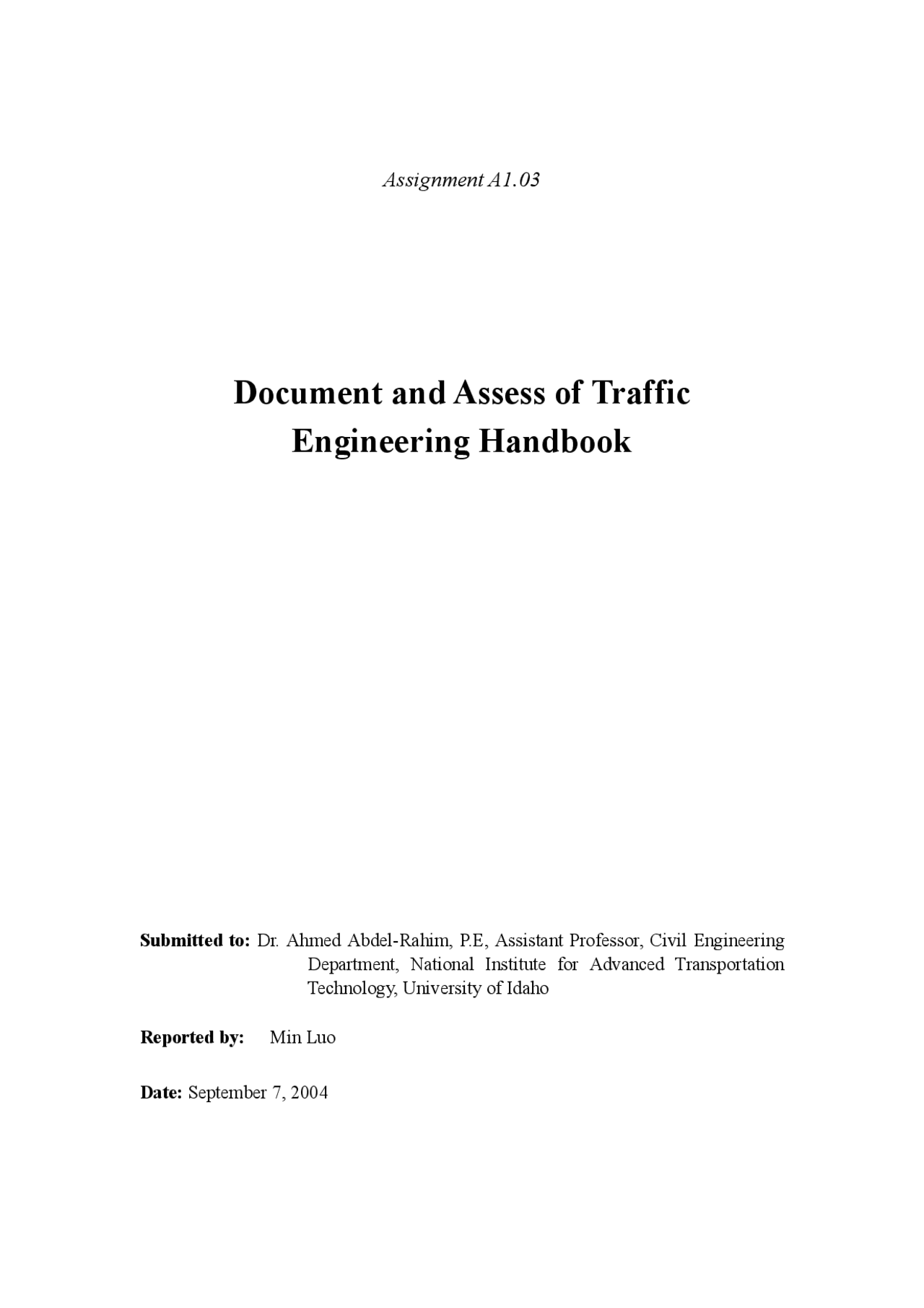 Documents and Assess of Traffic Engineering Handbook | CE 474 - Docsity