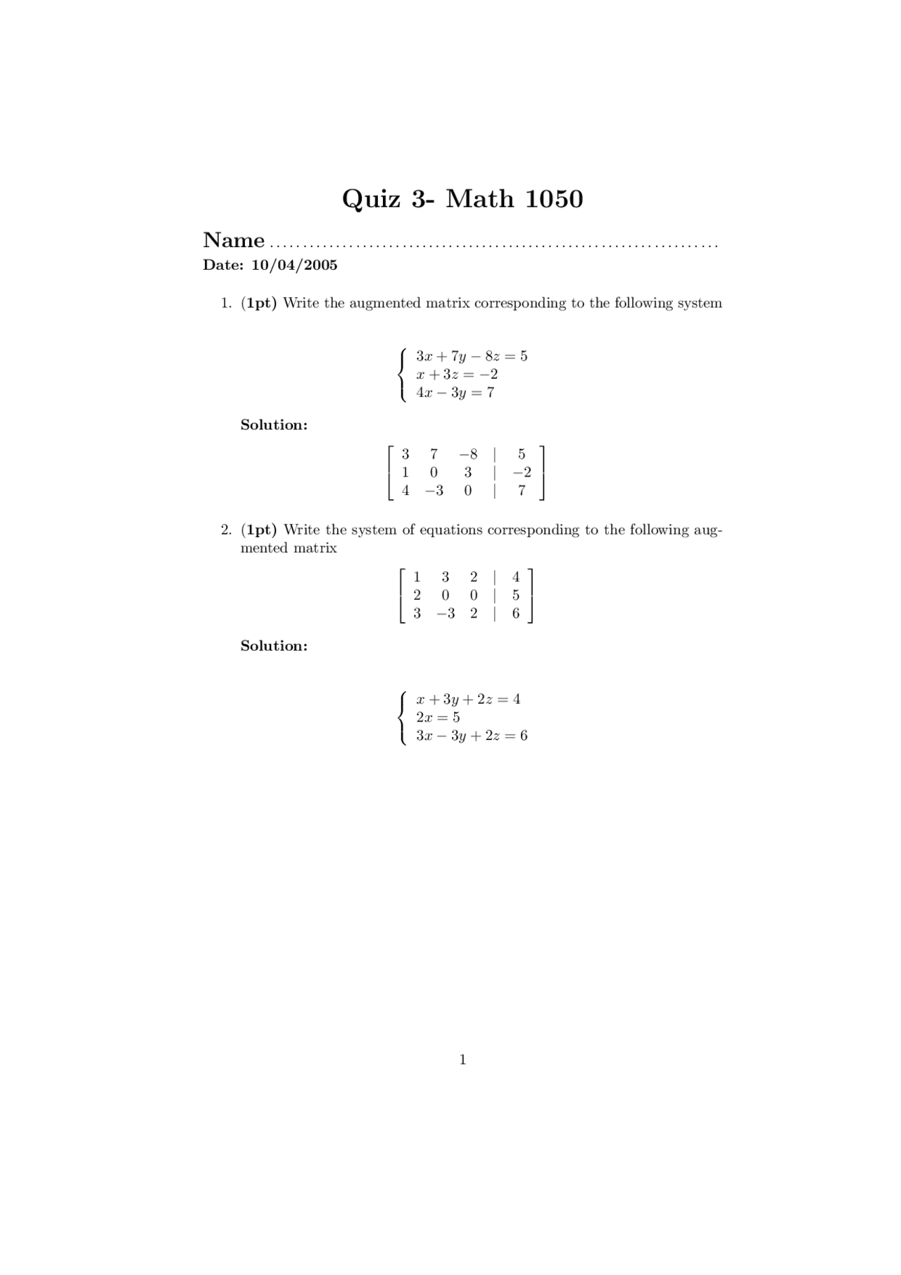 Finite Math Solutions To Quiz 3 Math 1050 Docsity