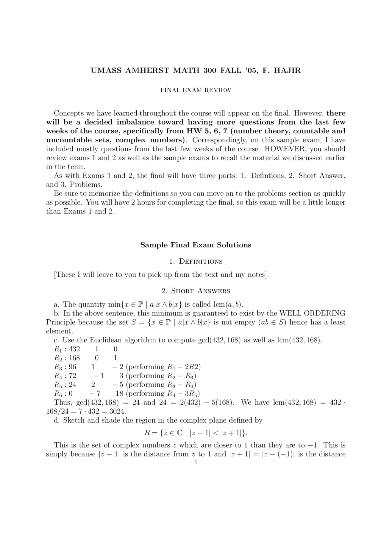 Final Review Exam Fall 2005 | Fundamentals Concepts of Mathematics | MATH 300 - Docsity