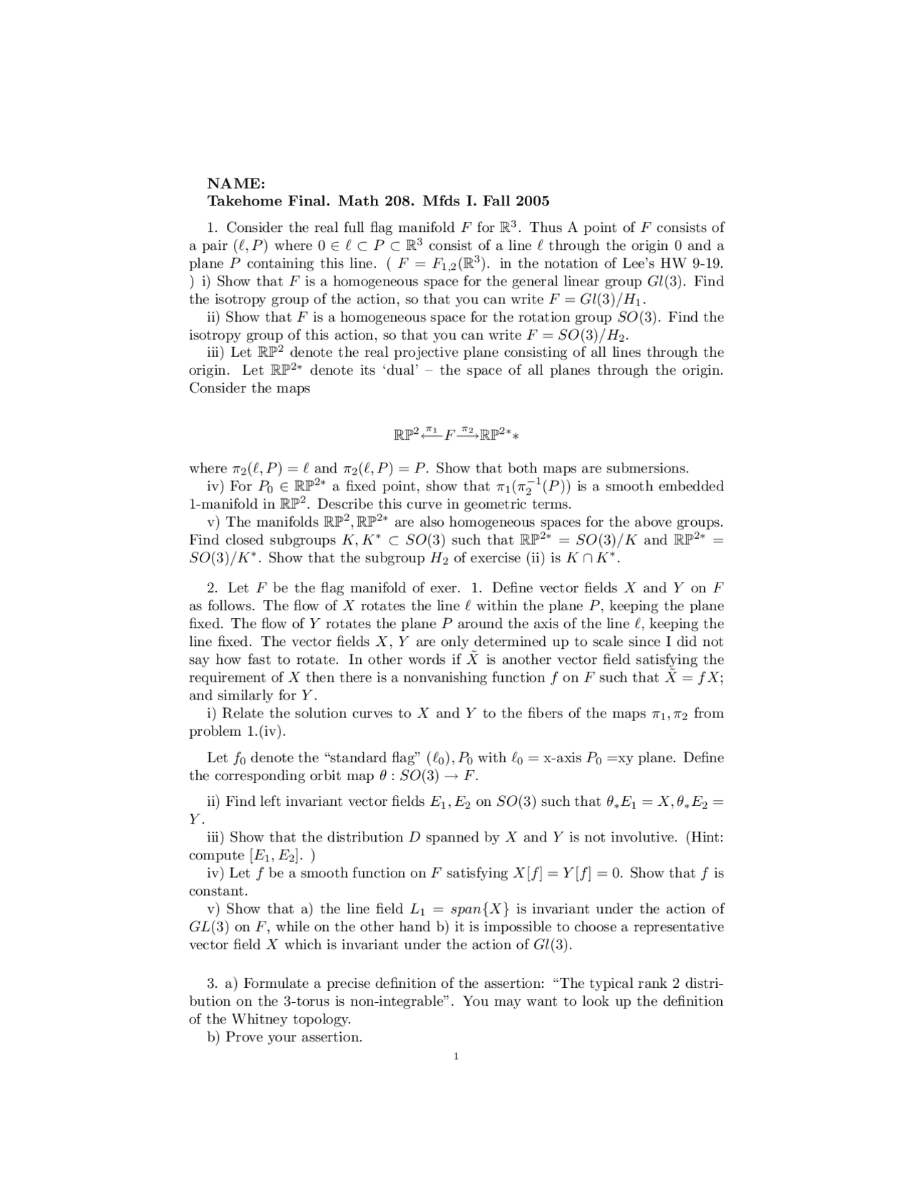 Practice Questions For Final Exam Manifolds I Math 208 Docsity