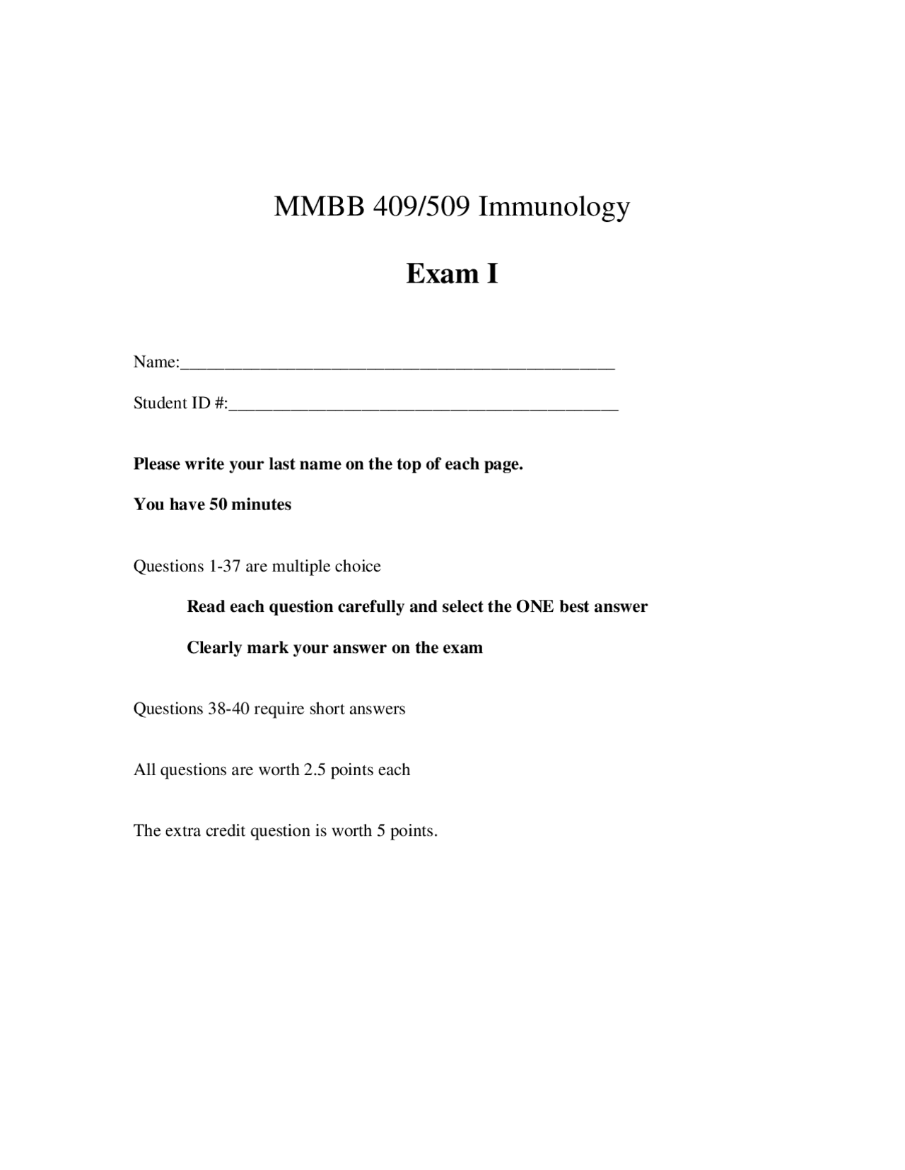 Exam 1 Questions For Immunology Mmbb 409 Docsity