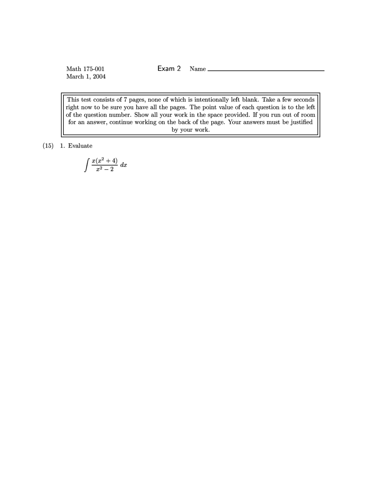 Practice Exam 2 Calculus Ii Fall 2004 Math 175 Docsity