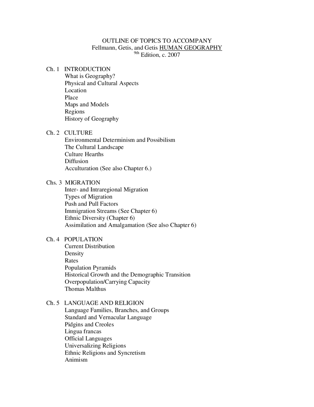 Introduction To Human Geography Syllabus Outline Geog 1123 Docsity