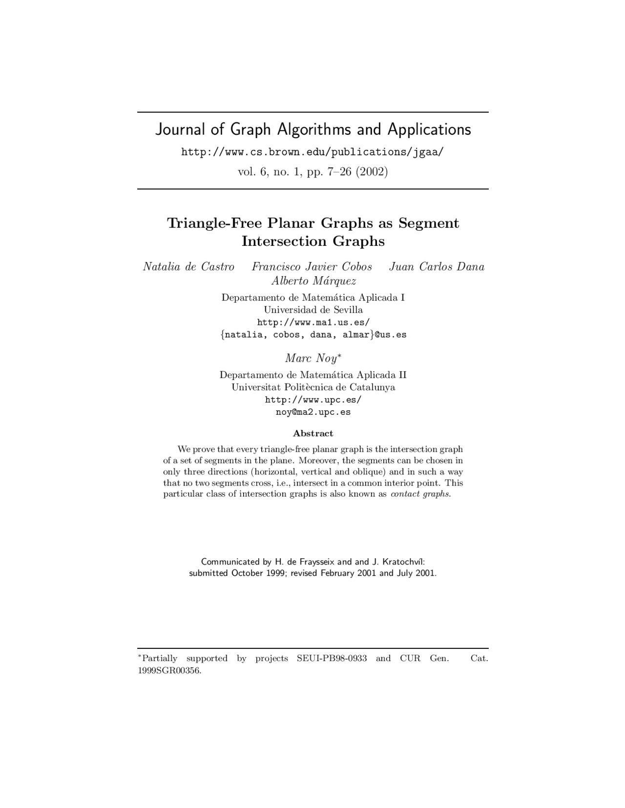 Triangle Free Planar Graphs As Segment Intersection Graphs Notes