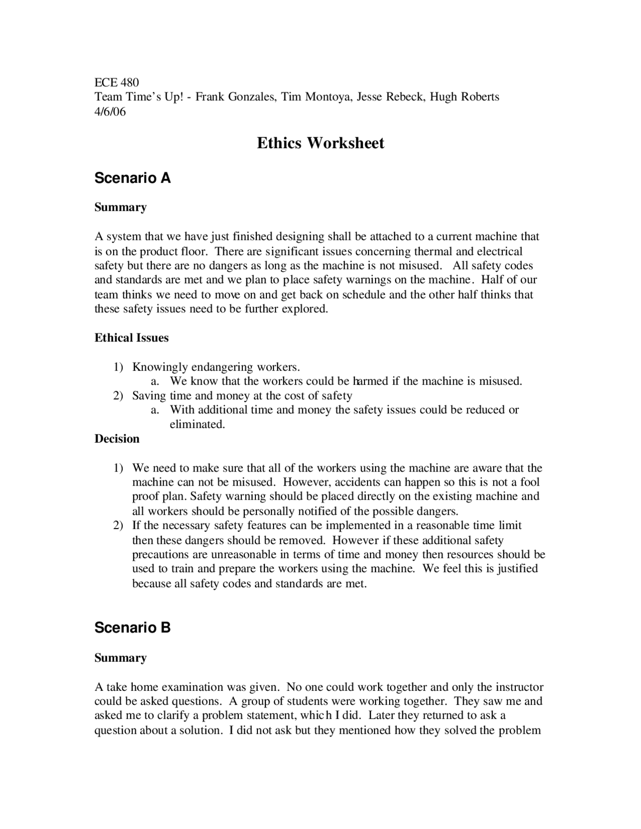 Ethics Worksheet - Electrical Engineering Senior Design I | ECE 480 ...
