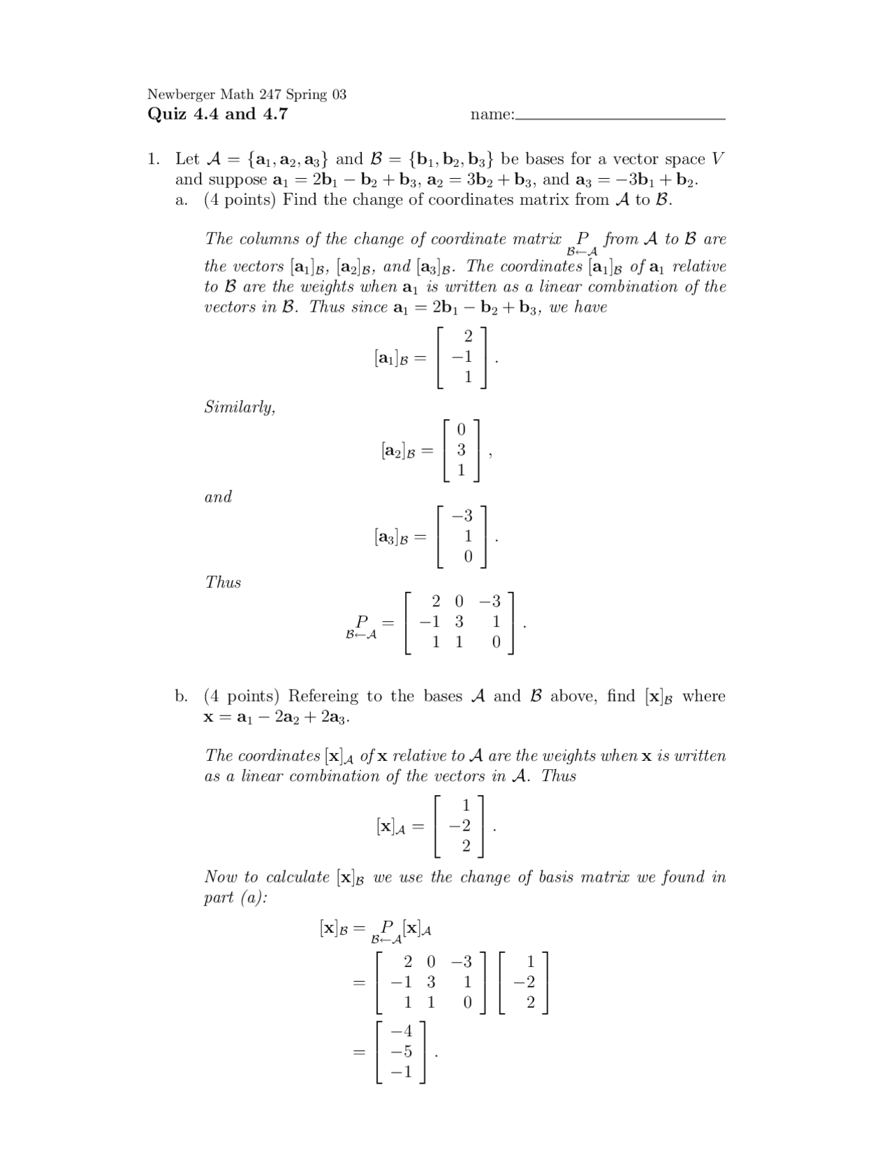 Solutions For Quiz 44 And 47 Introduction Linear Algebra Math 247