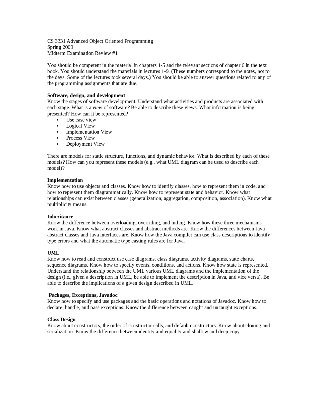 Midterm Exam Review 1 Advance Object Oriented Programming Cs 3331