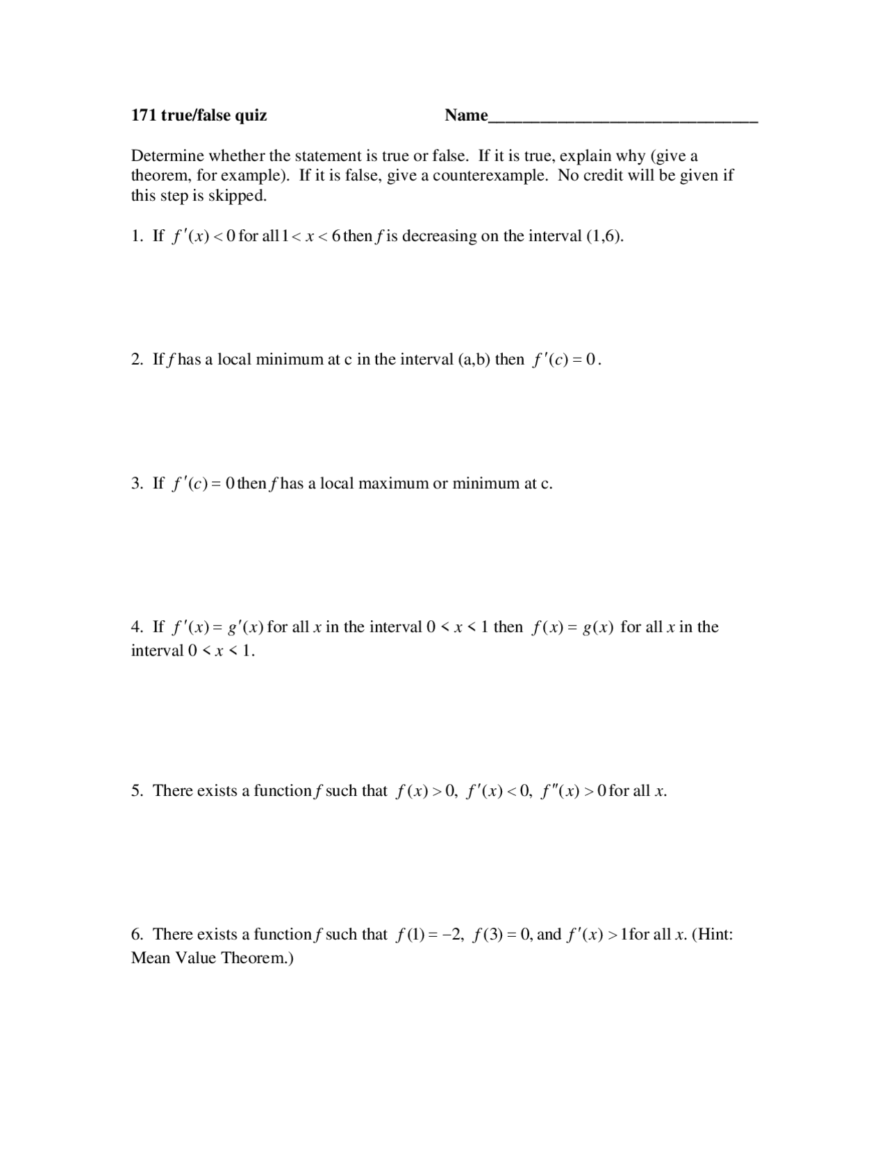 6 Unsolved Questions On Calculus I Math 171 Docsity