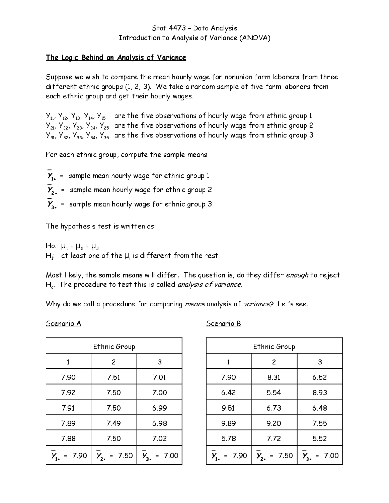 Introduction To Analysis Of Variance Lecture Notes Stat 4473 Docsity