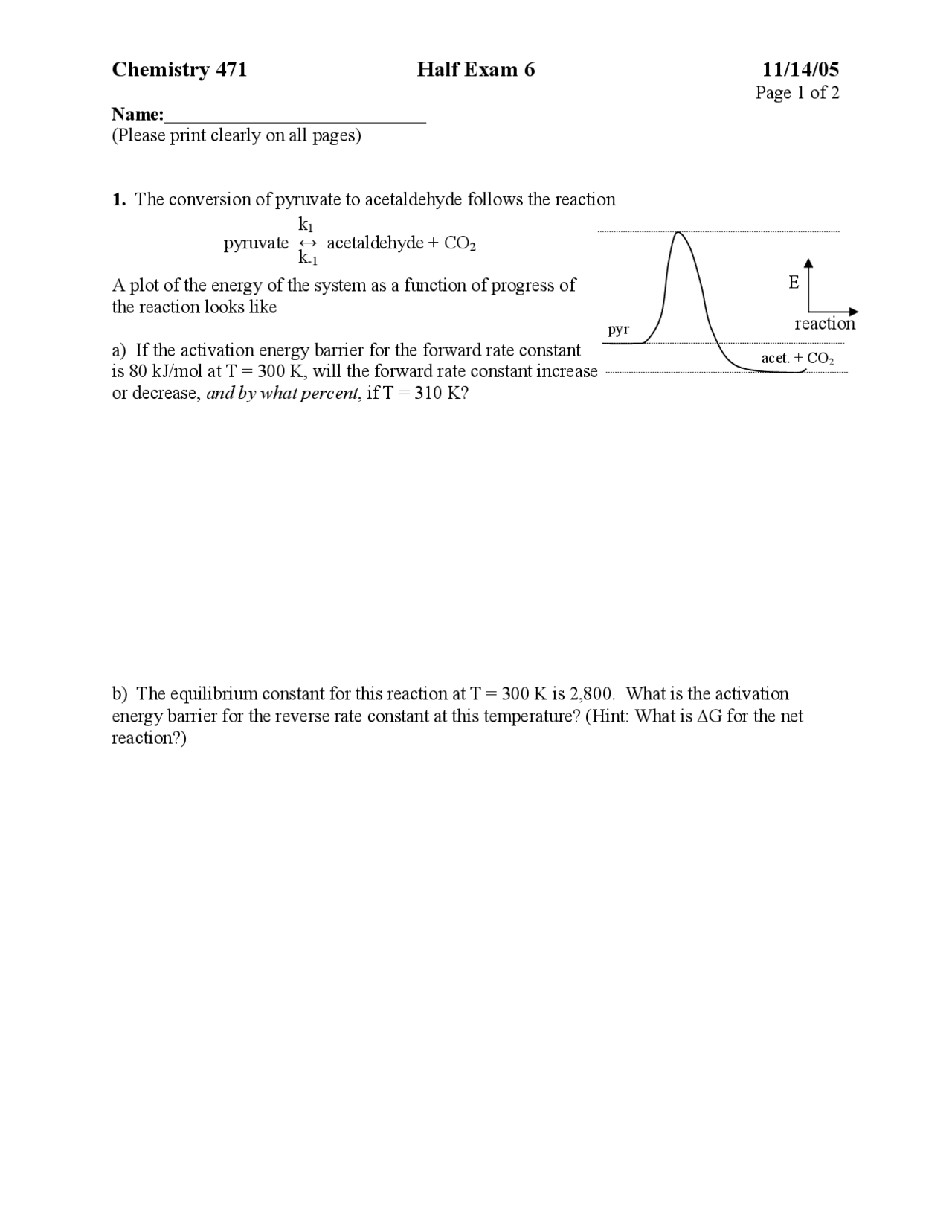 Elementary Physical Chemistry - Test VI Questions | CHEM 471 - Docsity