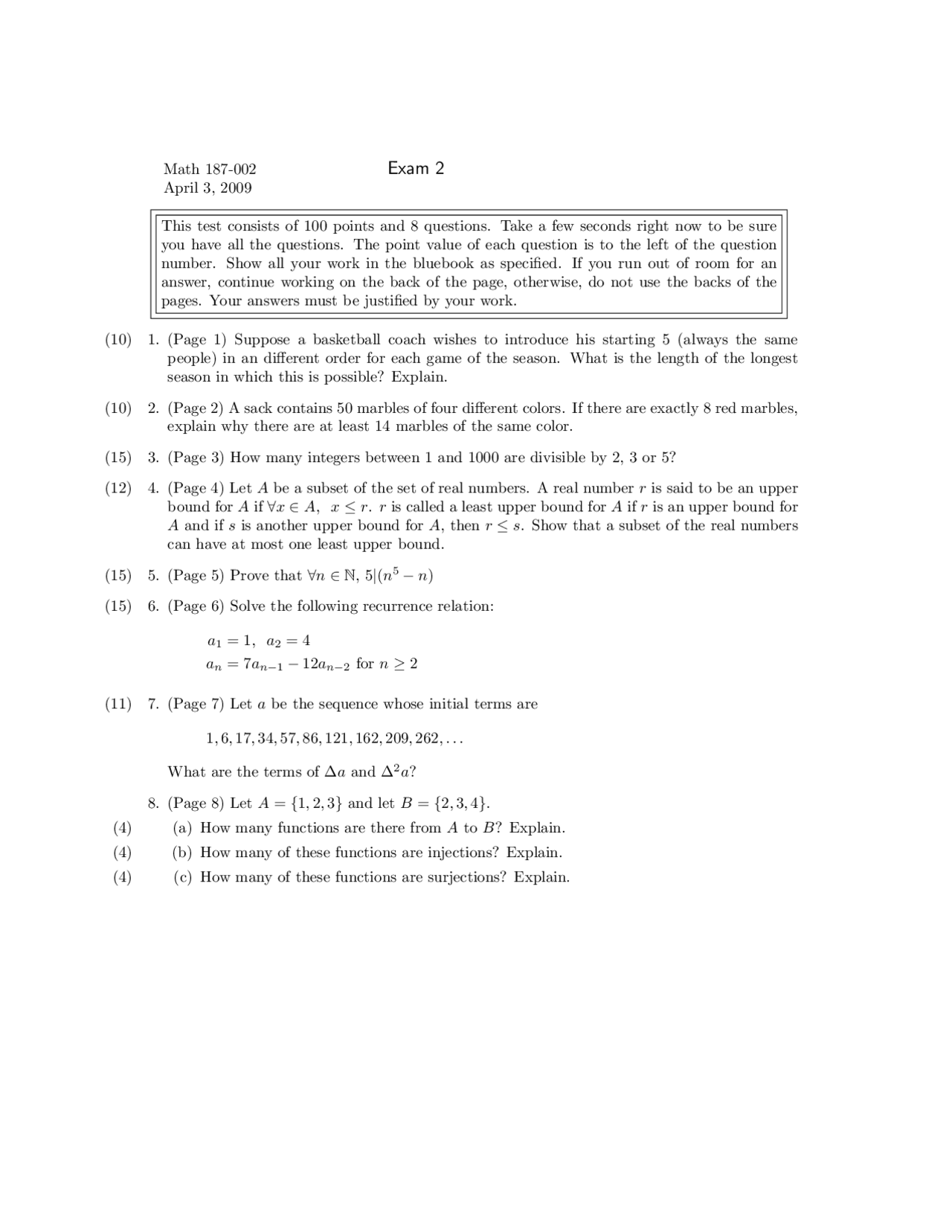 8 Questions For Exam 2 Discrete And Foundational Mathematics I Math