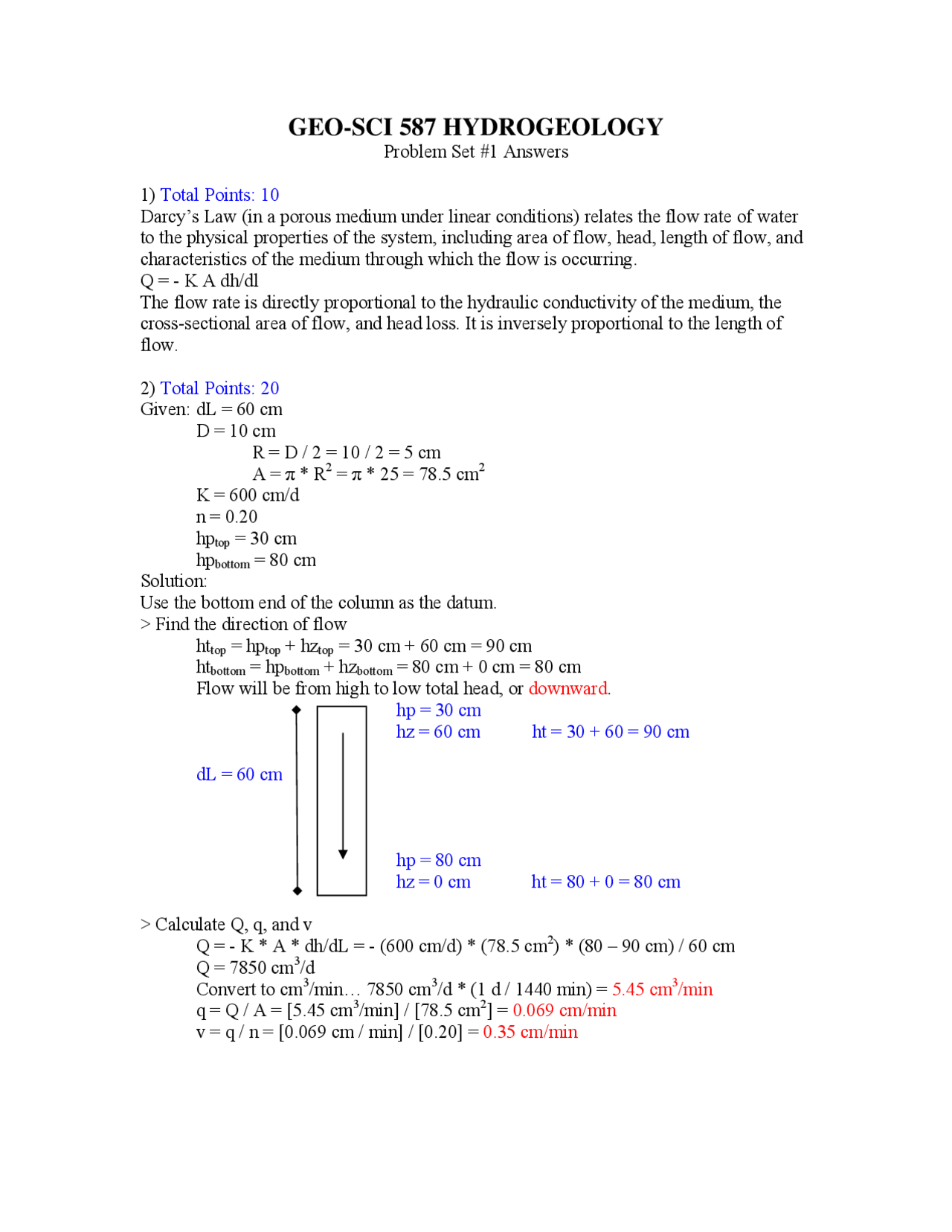 Problem Set 1 Answers Hydrogeology Geo Docsity