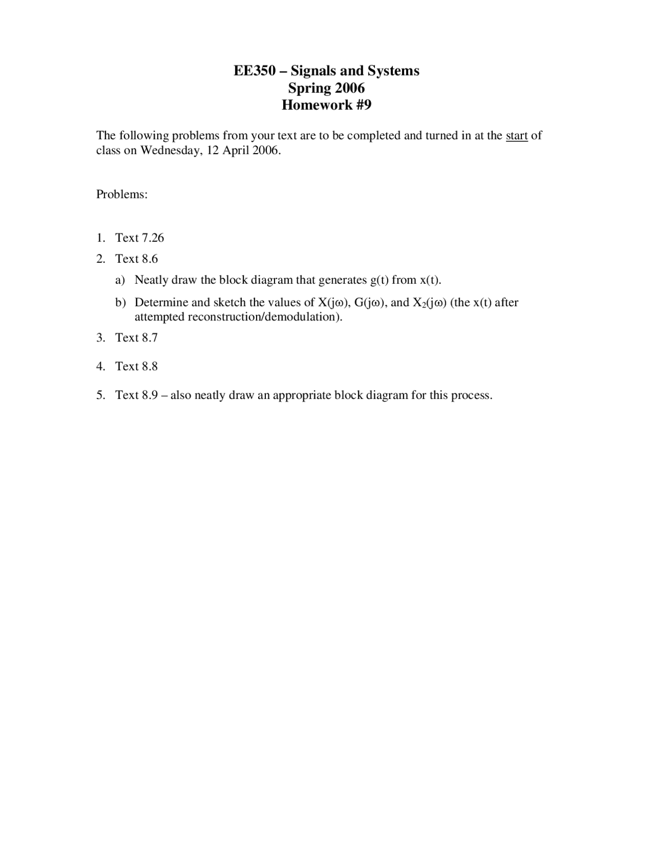 Homework 9 Practice Questions Signals And Systems Spring 2006 Ece