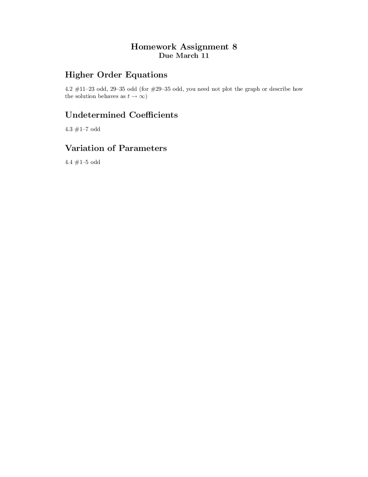 Homework 8 for Higher Order Equations | MATH 310 - Docsity