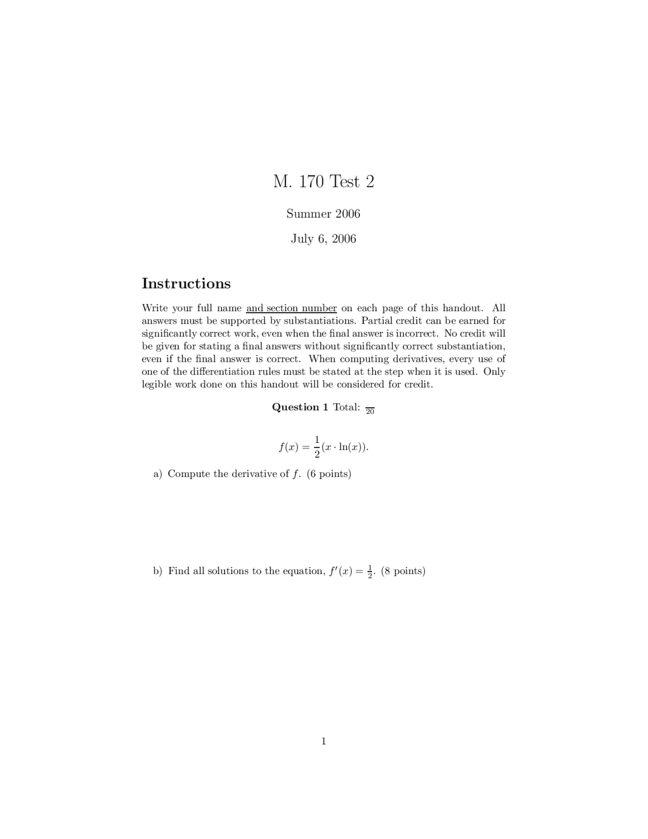 5 Questions For Calculus I Past Tes 2 Math 170 Docsity