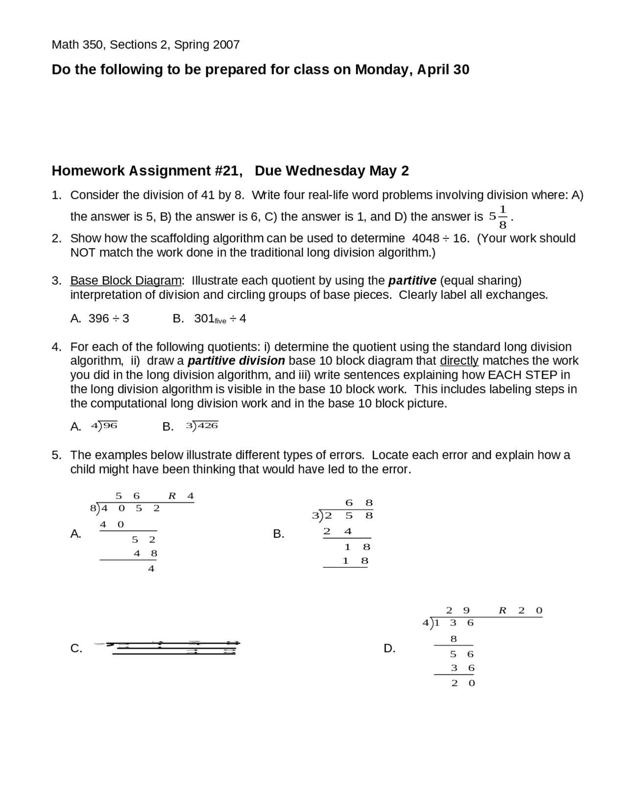 Topics In Math Elementary Teachers I Assignment 21 Math 350 Docsity