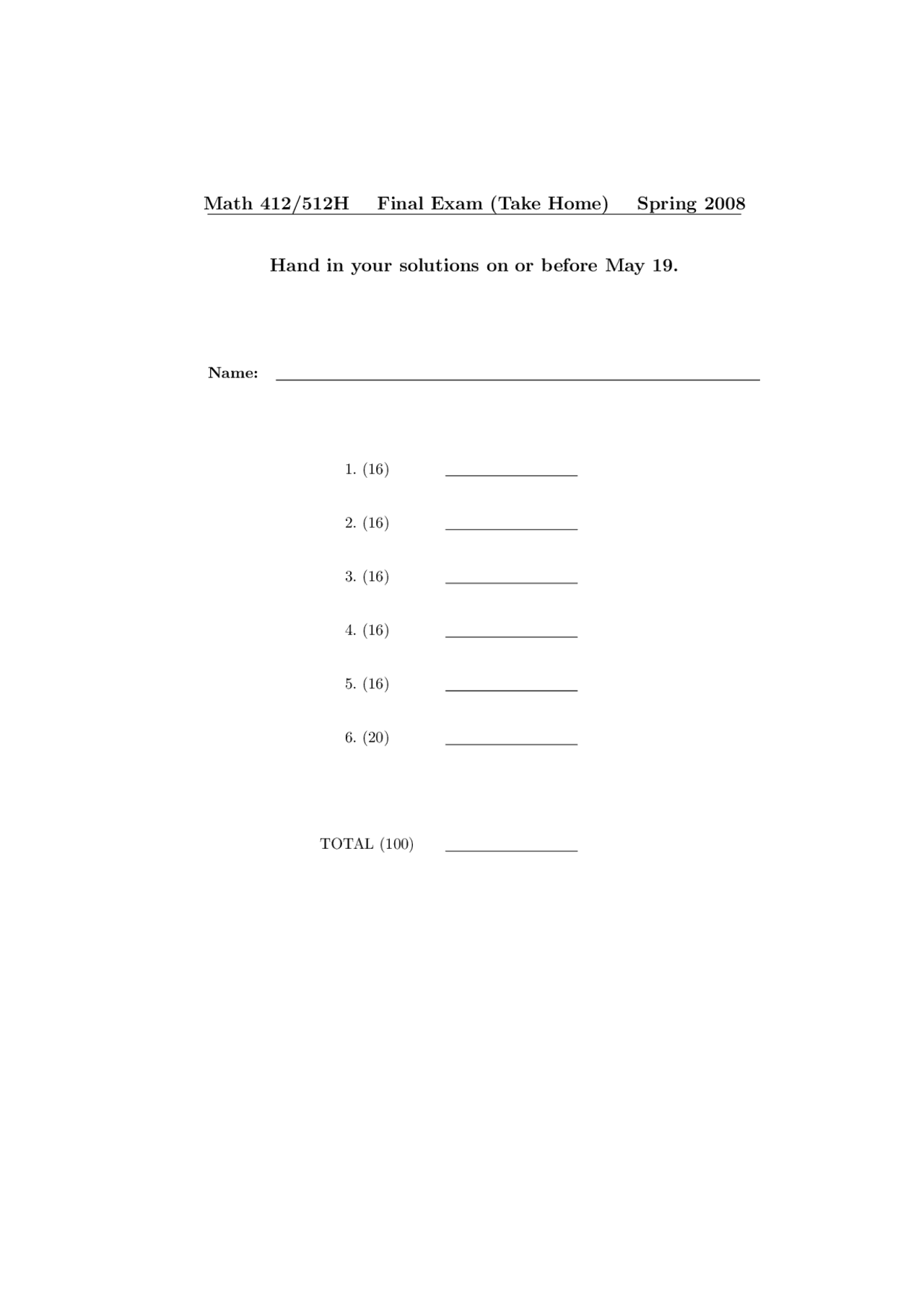 6 Questions Final Exam Introduction To Abstract Algebra Math 412