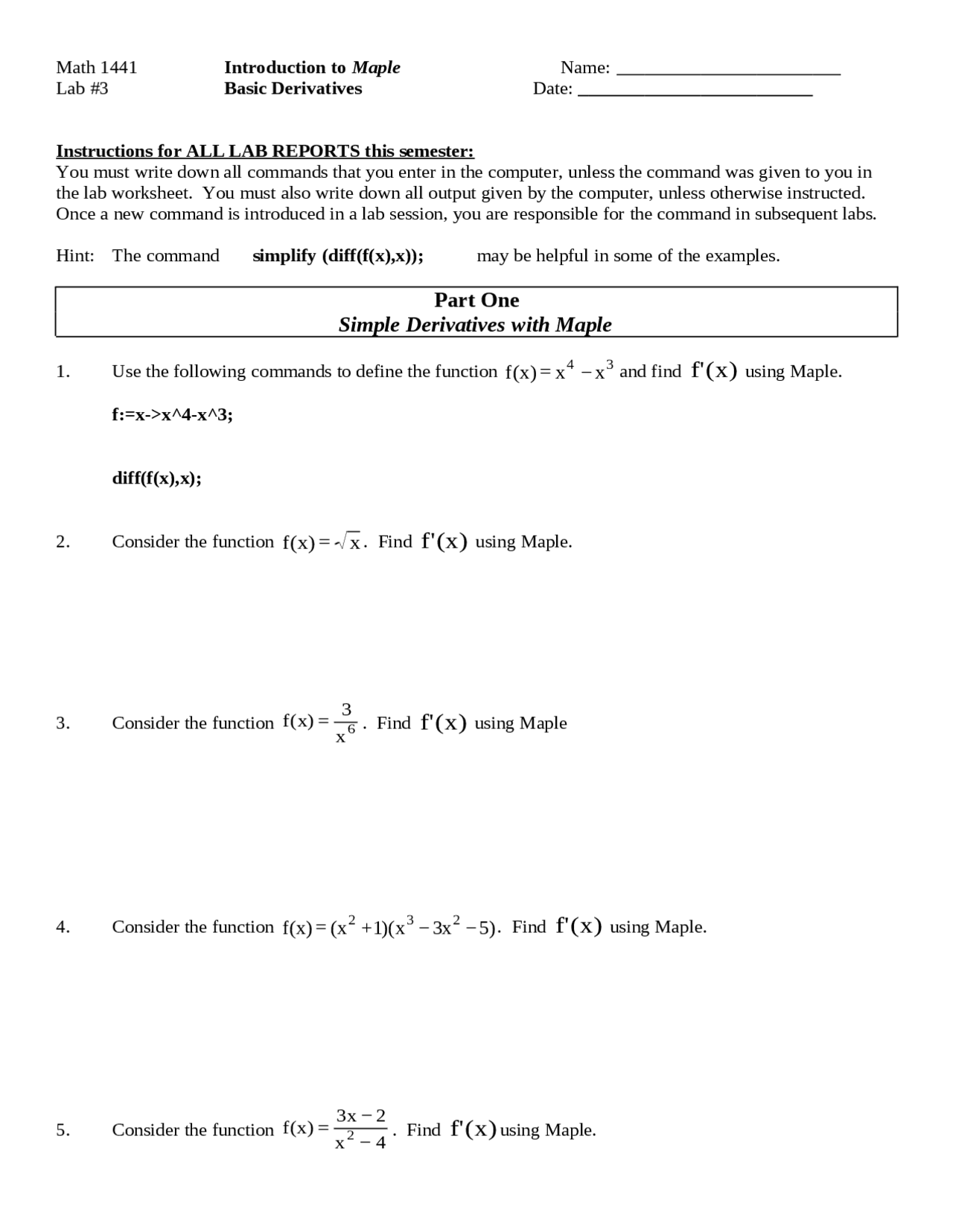 Basic Derivatives Laboratory 3 Math 1441 Docsity