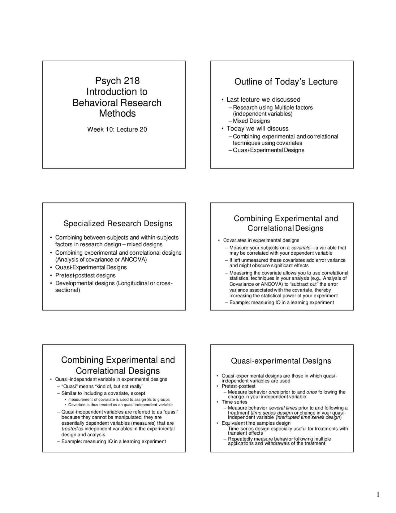 Combining Experimental and Correlational Techniques Using Covariants | PSYC 218 - Docsity