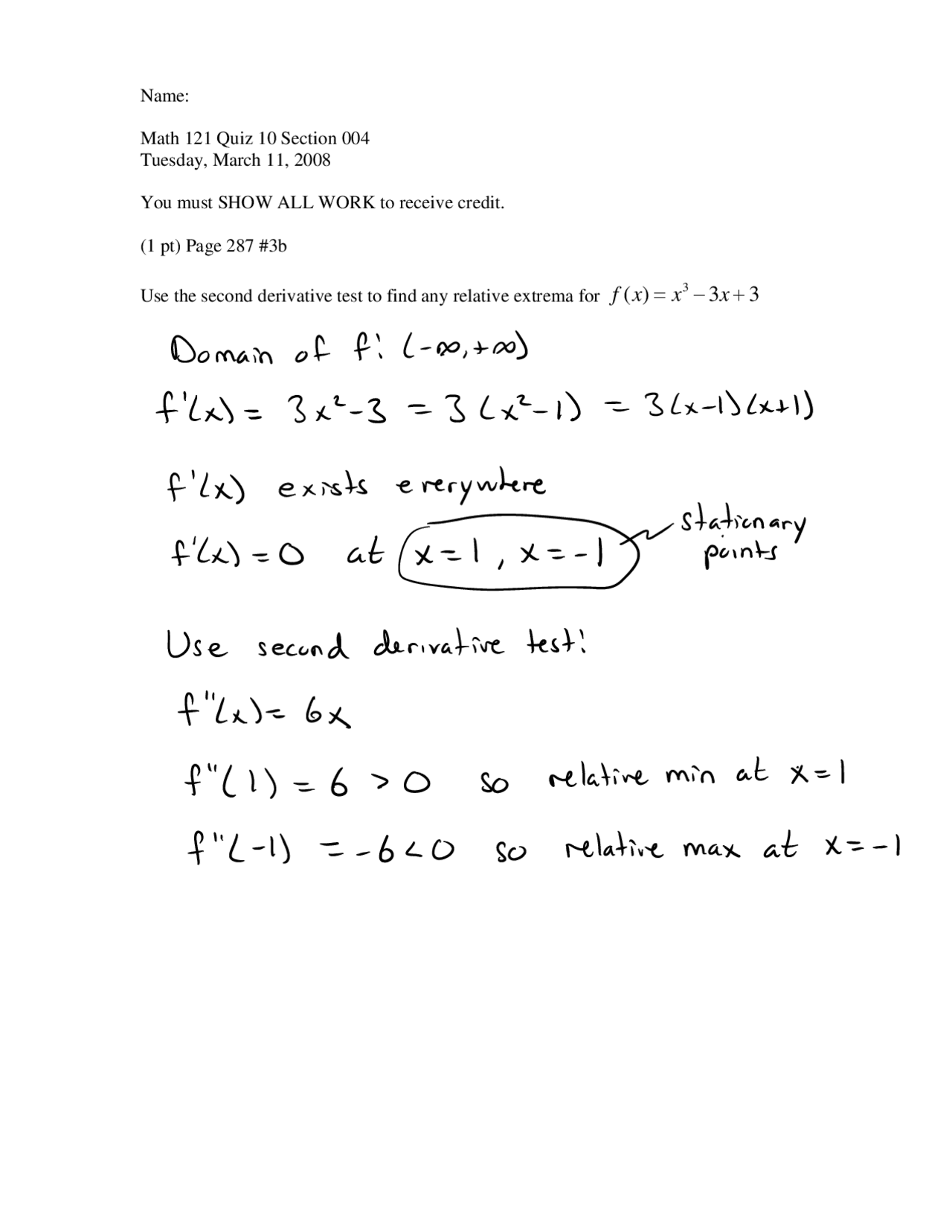 Calculus I - Quiz 10 Solutions | MATH 121 - Docsity