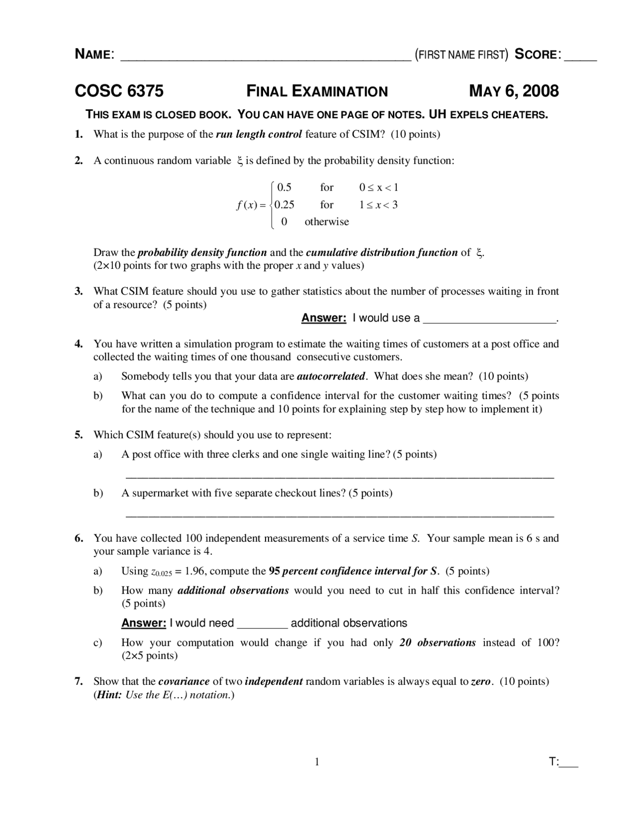 Final Exam for Computer Systems Perform Evaluation | COSC 6375 | Exams Computer Science | Docsity