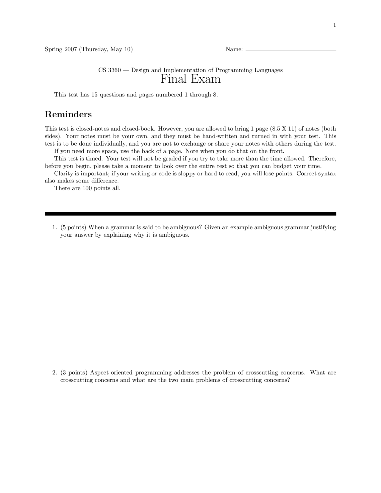15 Questions Final Exam Design And Implementation Programming Cs 3360 Docsity