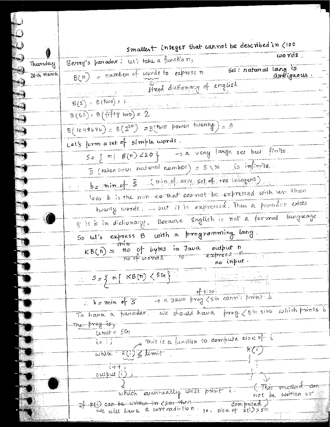 Berry's Paradox - Theory of Computation - Lecture Notes | CS 5315 - Docsity