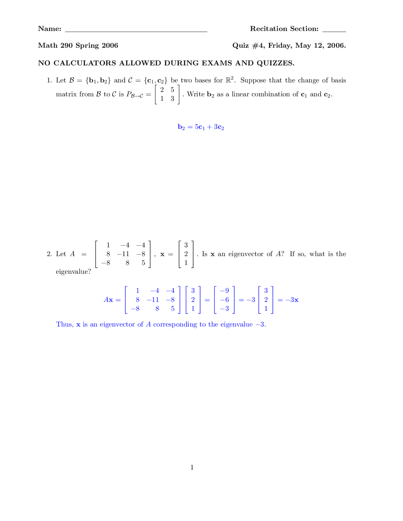Sample Quiz 4 With Answers Linear Modeling For Engineers Math 290