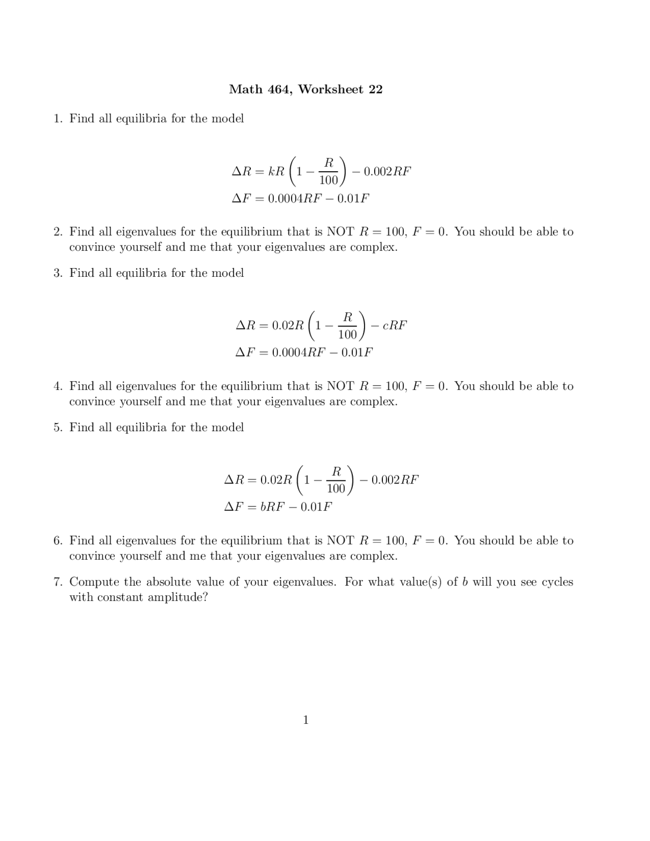 Worksheet 22 For Mathematical Modeling Math 464 Docsity