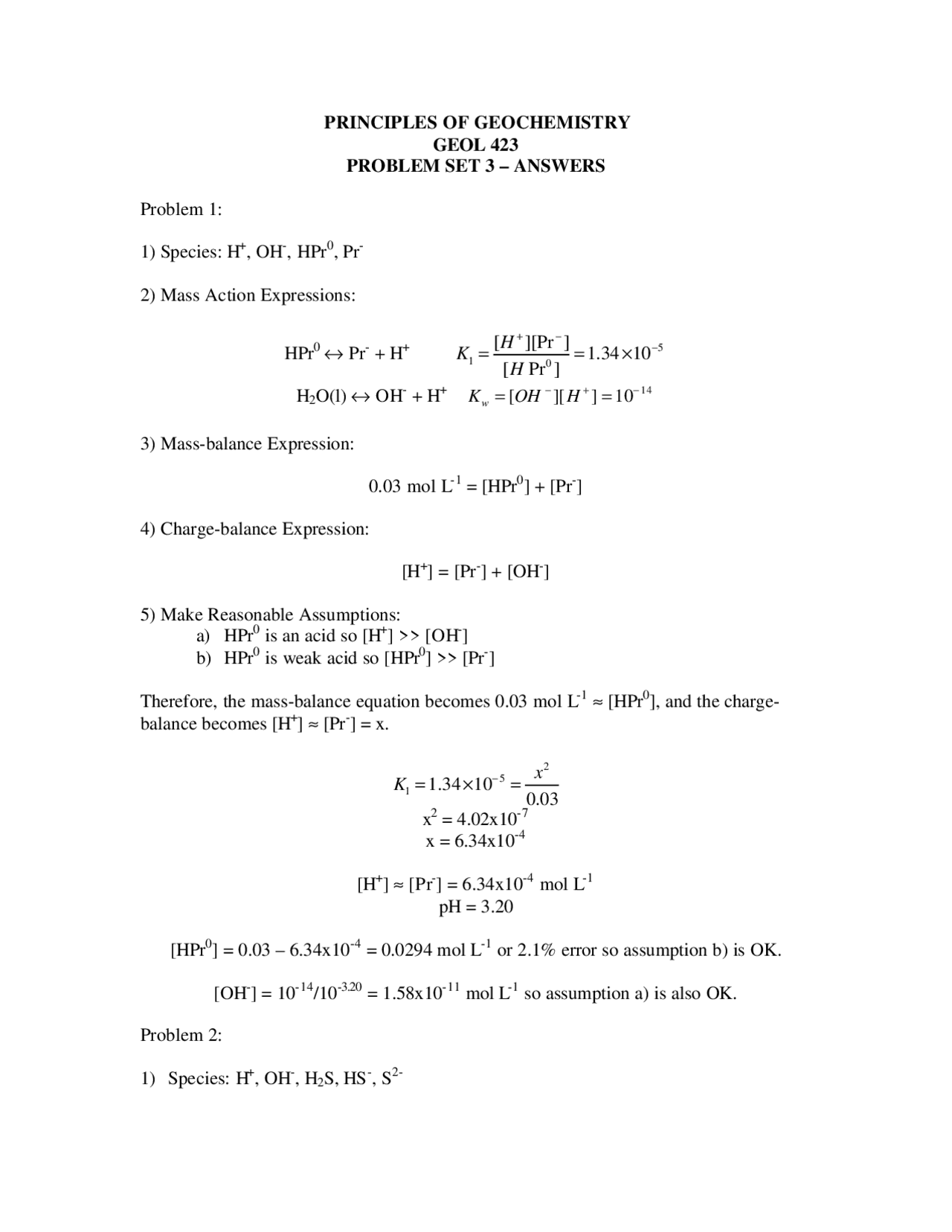 Solved Problem Set 3 For Principles Of Geochemistry Geol 423 Docsity