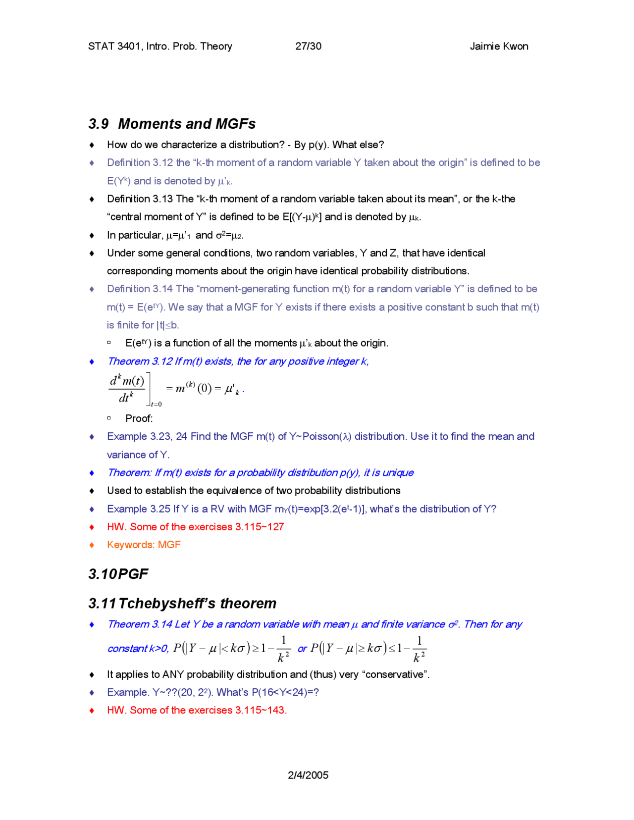 Review Sheet - Introduction to Probability Theory I | STAT 3401 - Docsity