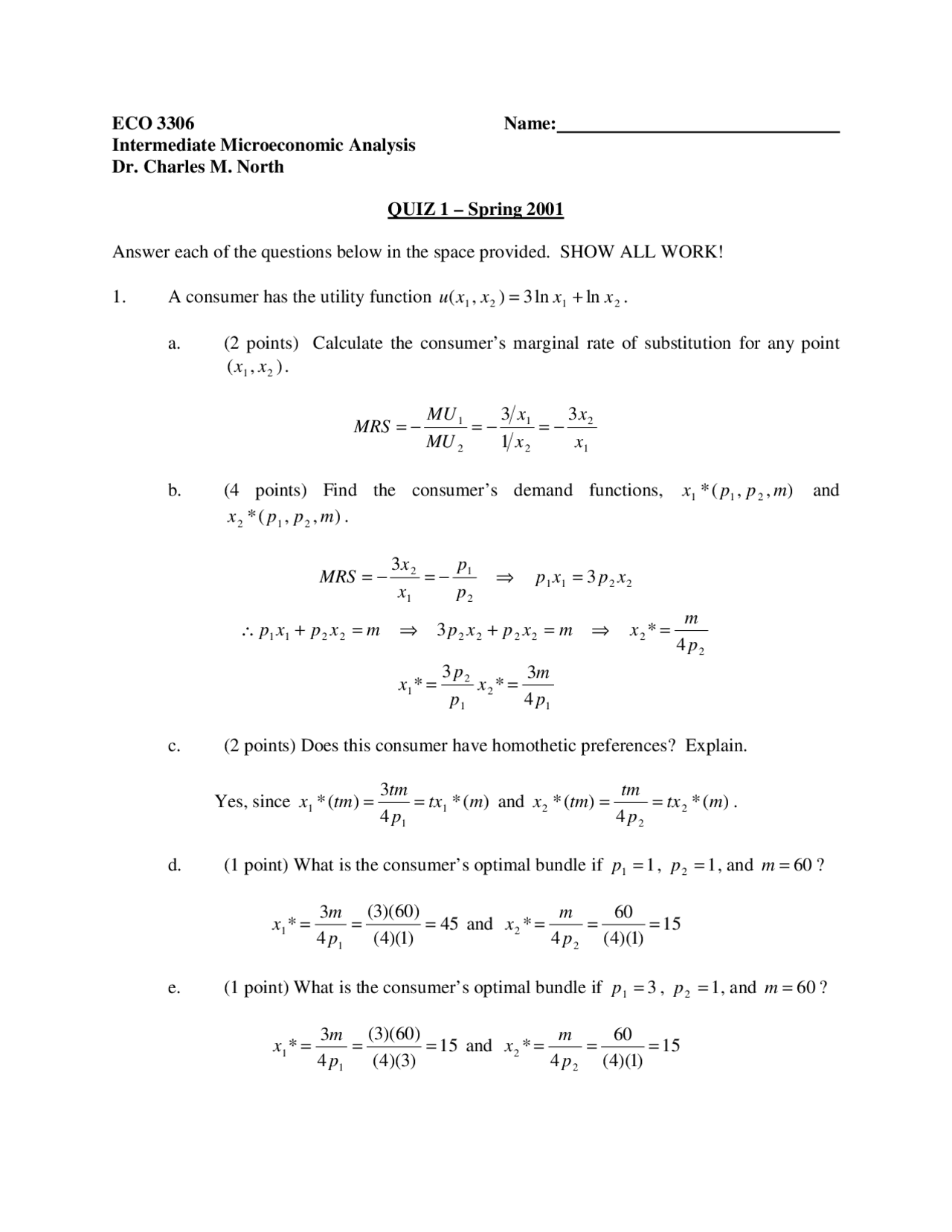 Intermediate Microeconomic Analysis Solved Quiz 1 Eco 3306 Docsity