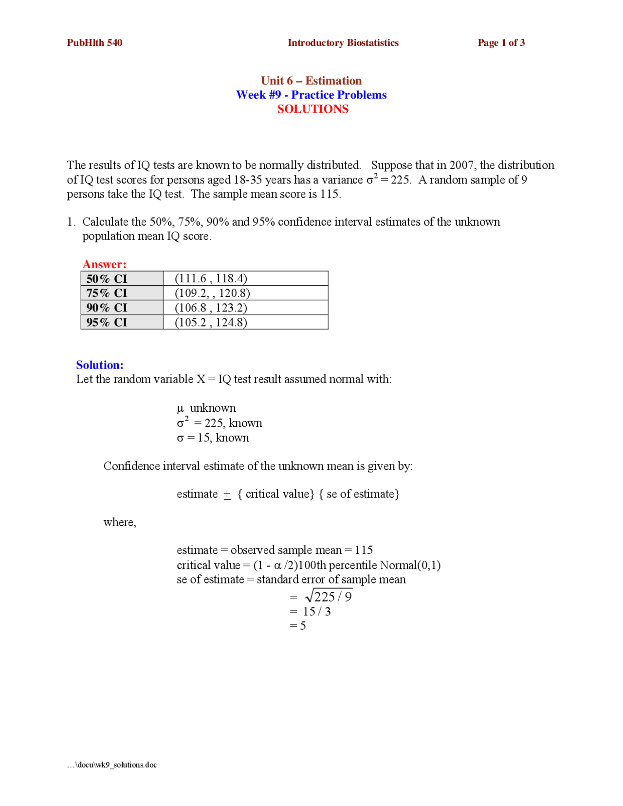 Practice Problems With Solution Introductory Biostatistics Pubhlth