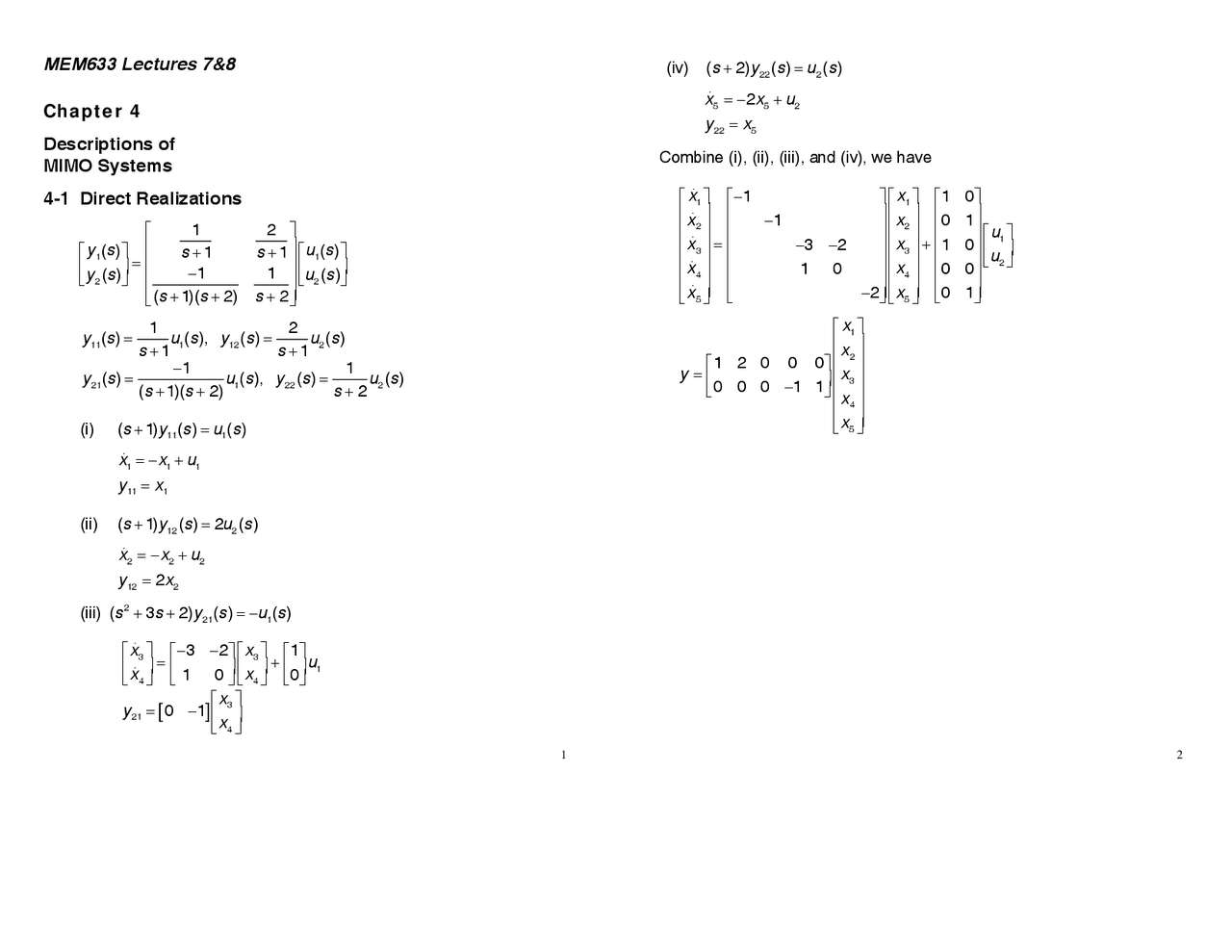 Mimo Systems Lecture Notes Robust Control Systems I Mem 633 Docsity