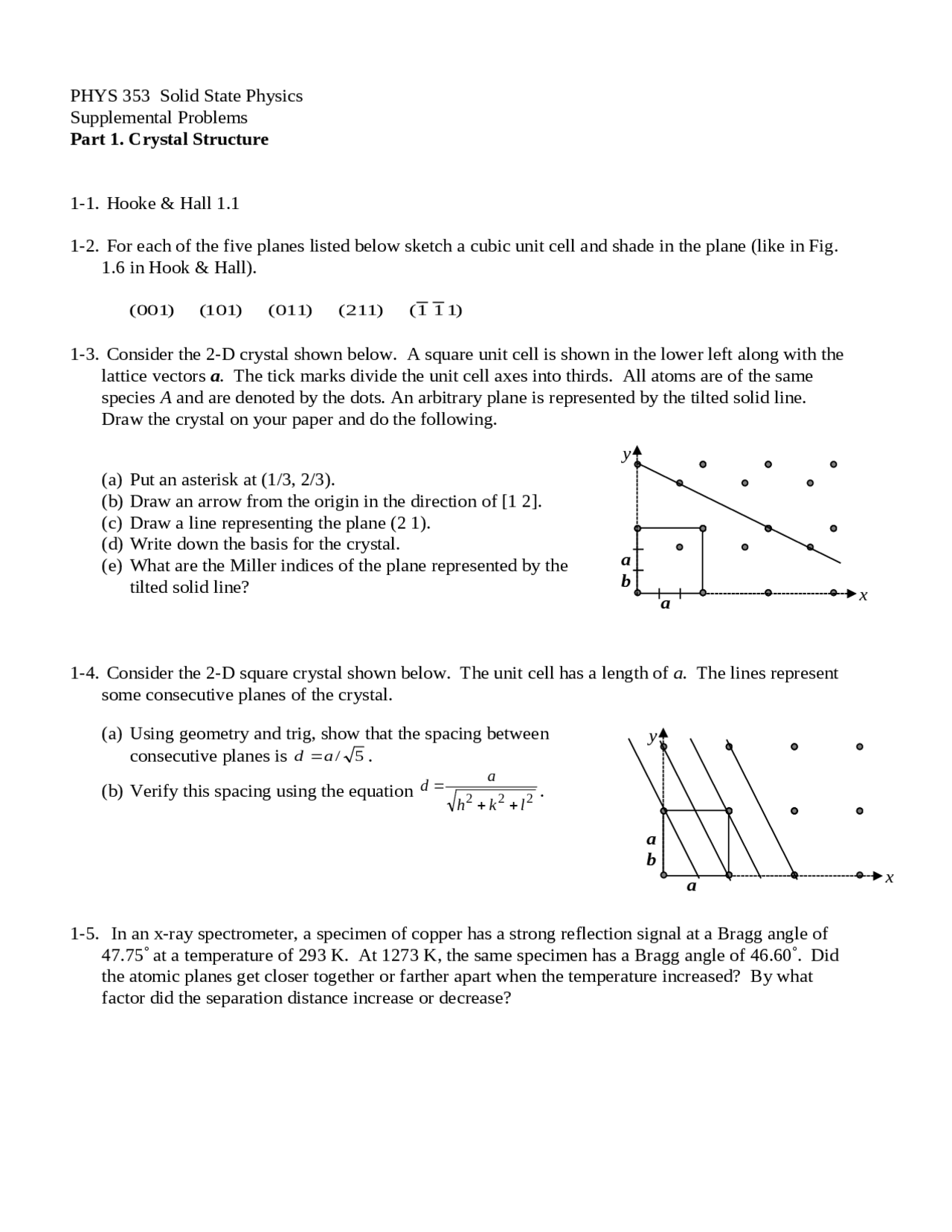 Crystal Structure - Supplemental Problems | PHYS 353 | Papers Solid State Physics | Docsity