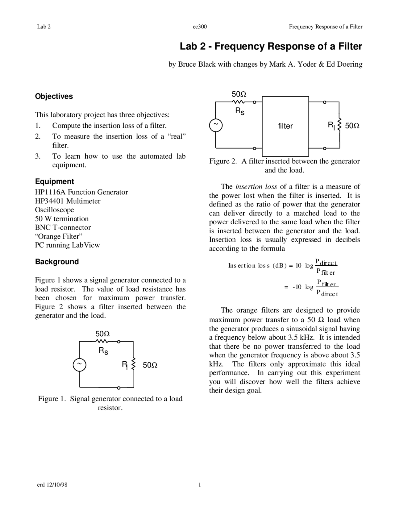 Frequency Response Of A Filter Laboratory 2 Report Ece 300 Docsity