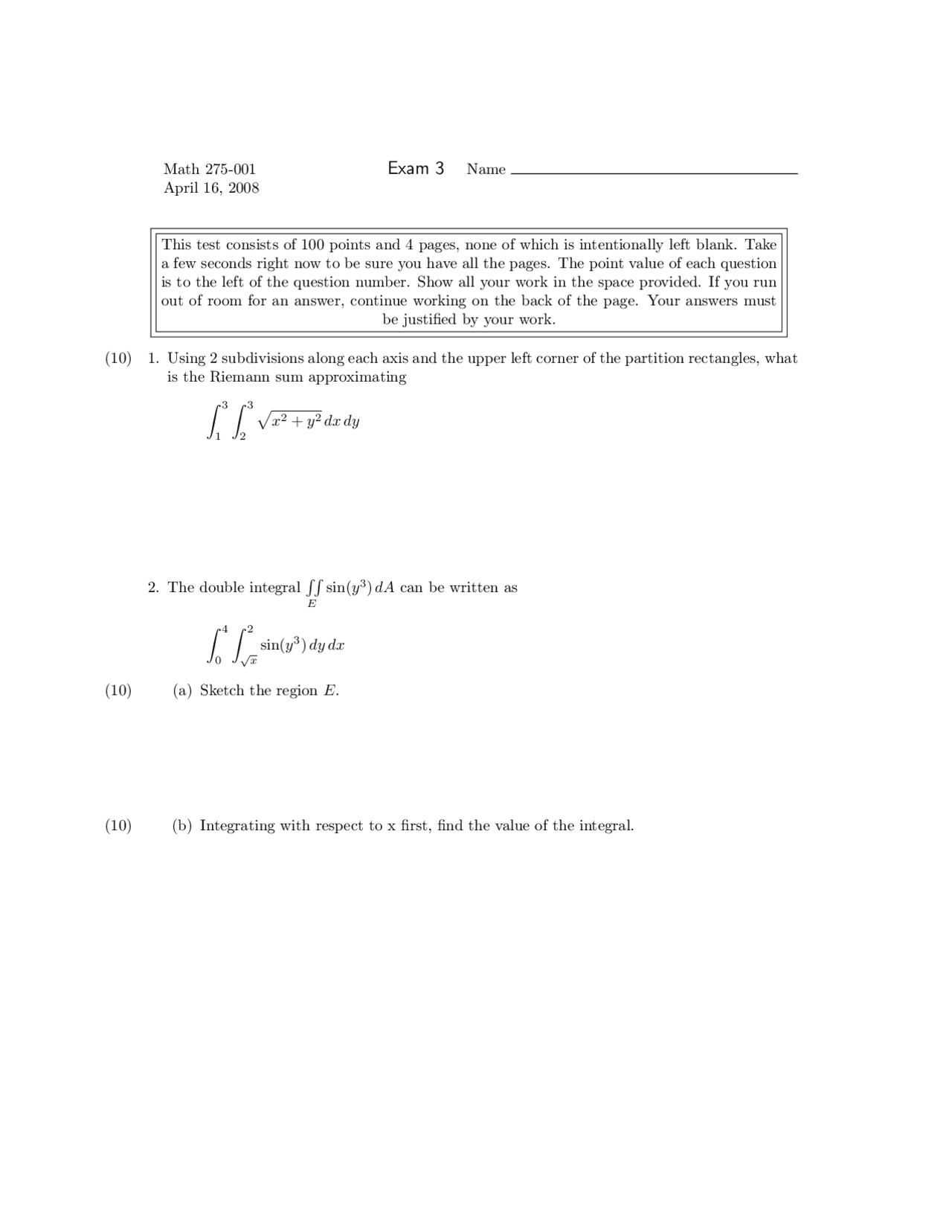 7 Problems For Multivariable And Vector Calculus Old Exam 3 Math