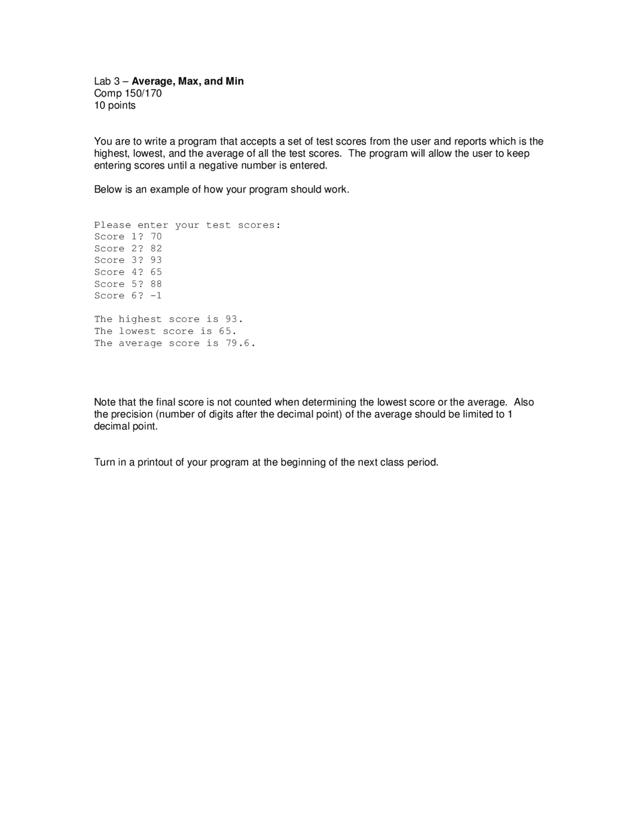 Lab 3 - Average, Max and Min - Programming I | COMP 150 - Docsity