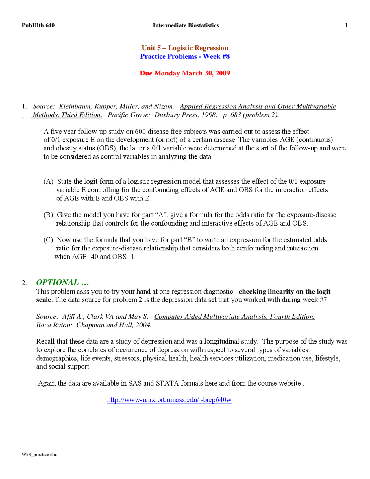 Practice Problems On Logistic Regression Pubhlth 640 Docsity