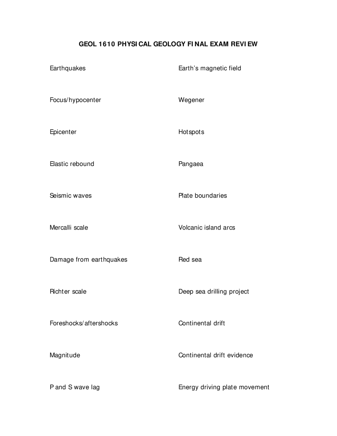 Final Exam Review Introductory Physical Geology Geol 1610 Docsity