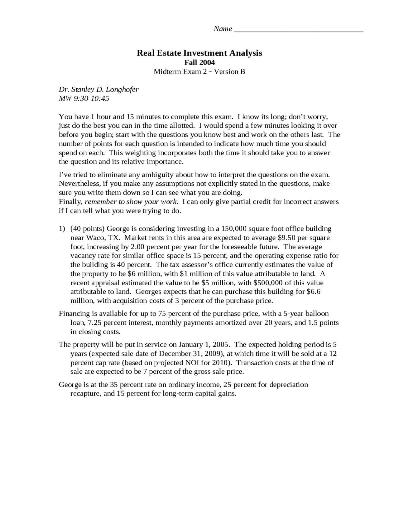 Practice Midterm Exam 2 Questions - Real Estate Investment Analysis ...