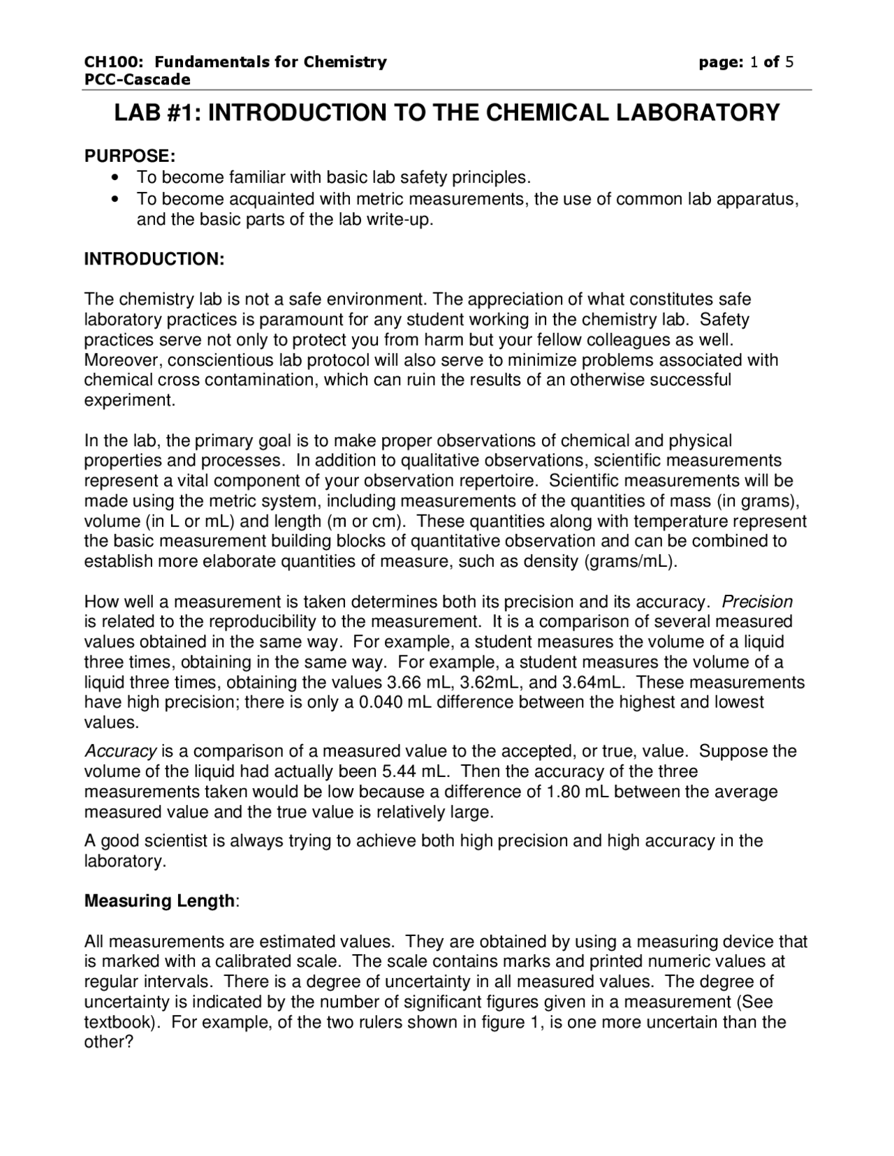 An Introduction to the Chemical Laboratory - Experiment 1 | CH 100 ...