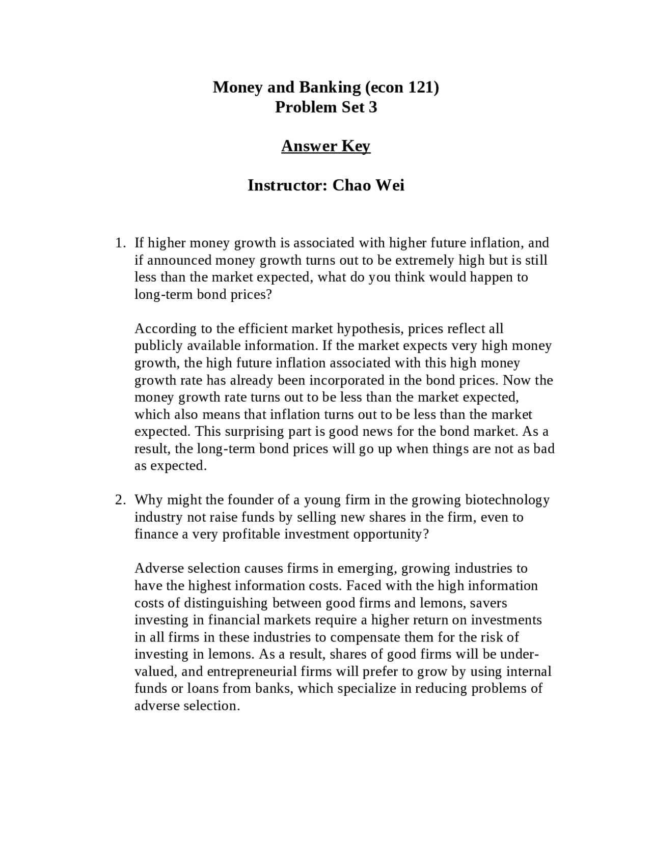 Problem Set 3 With Answer Key Money And Banking Econ 121 Docsity