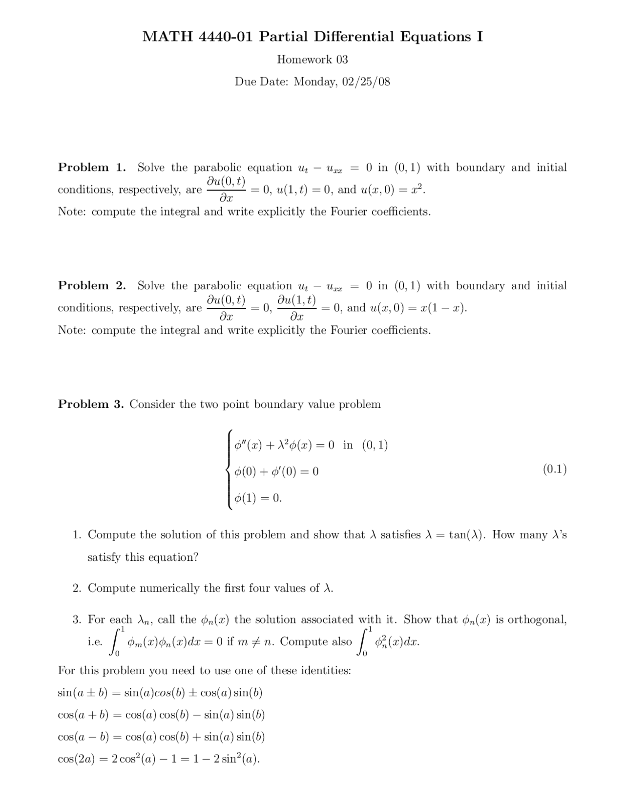 Homework 3 Sample Questions Differential Equations I Math 4440