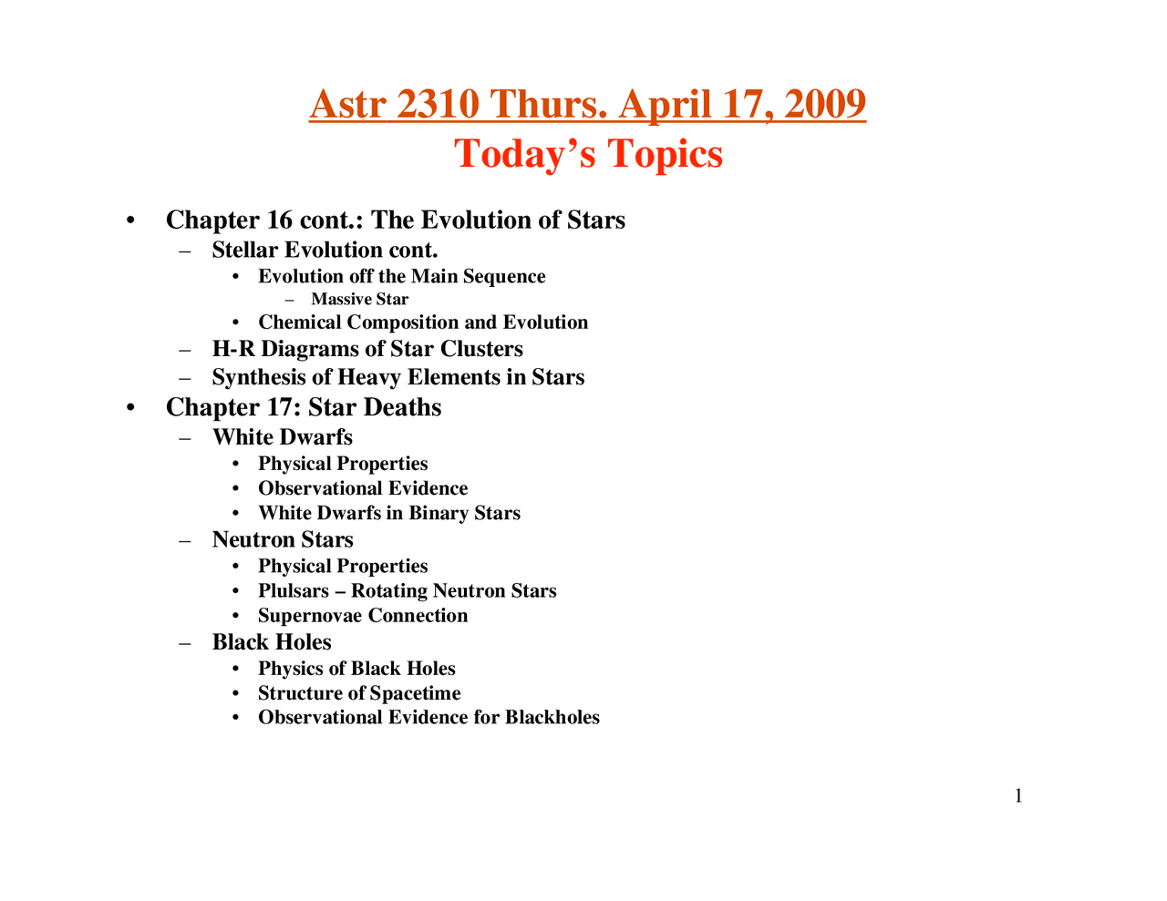The Evolution Of Stars General Astronomy Notes Astr 2310 Docsity