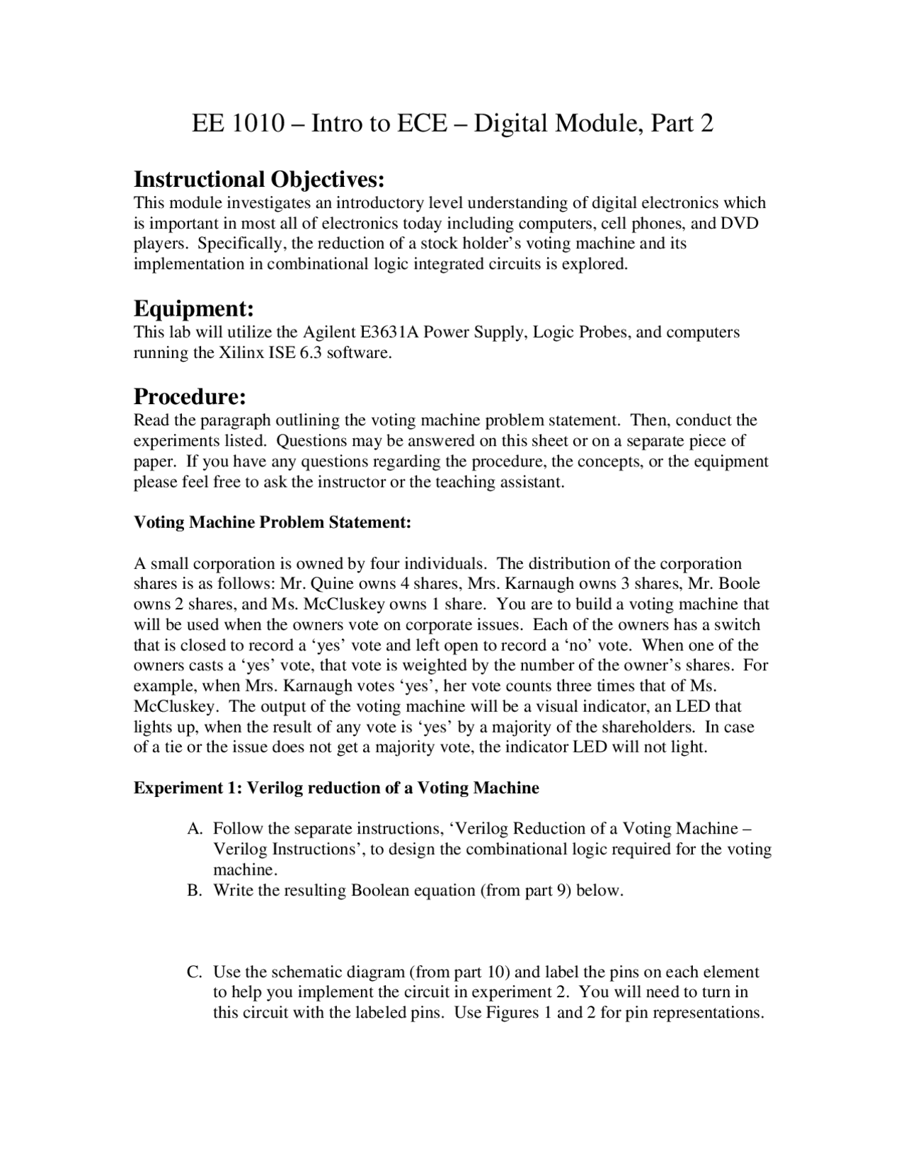 Verilog Reduction Of A Voting Machine Laboratory Ee 1010 Lab Reports Electrical And