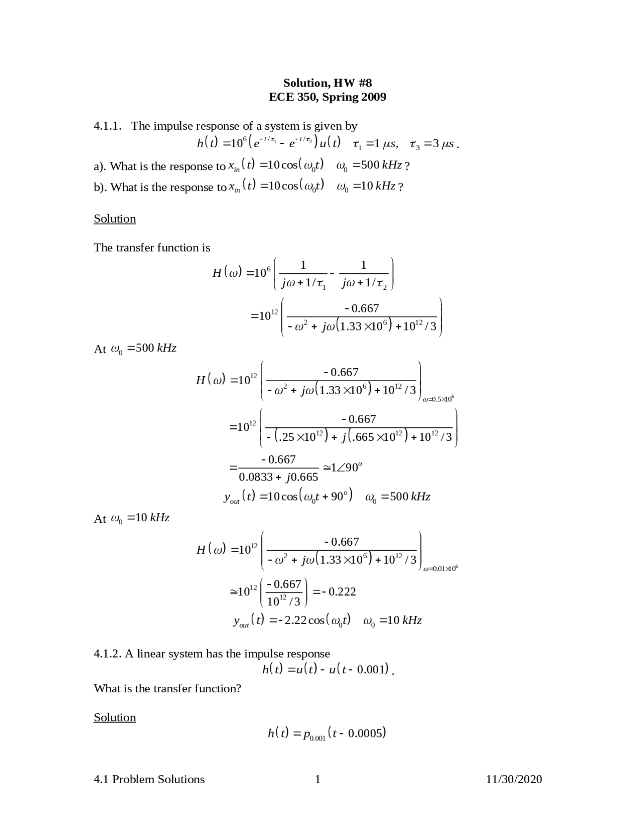Homework 8 Solutions Signals And Systems I Ece 350 Docsity